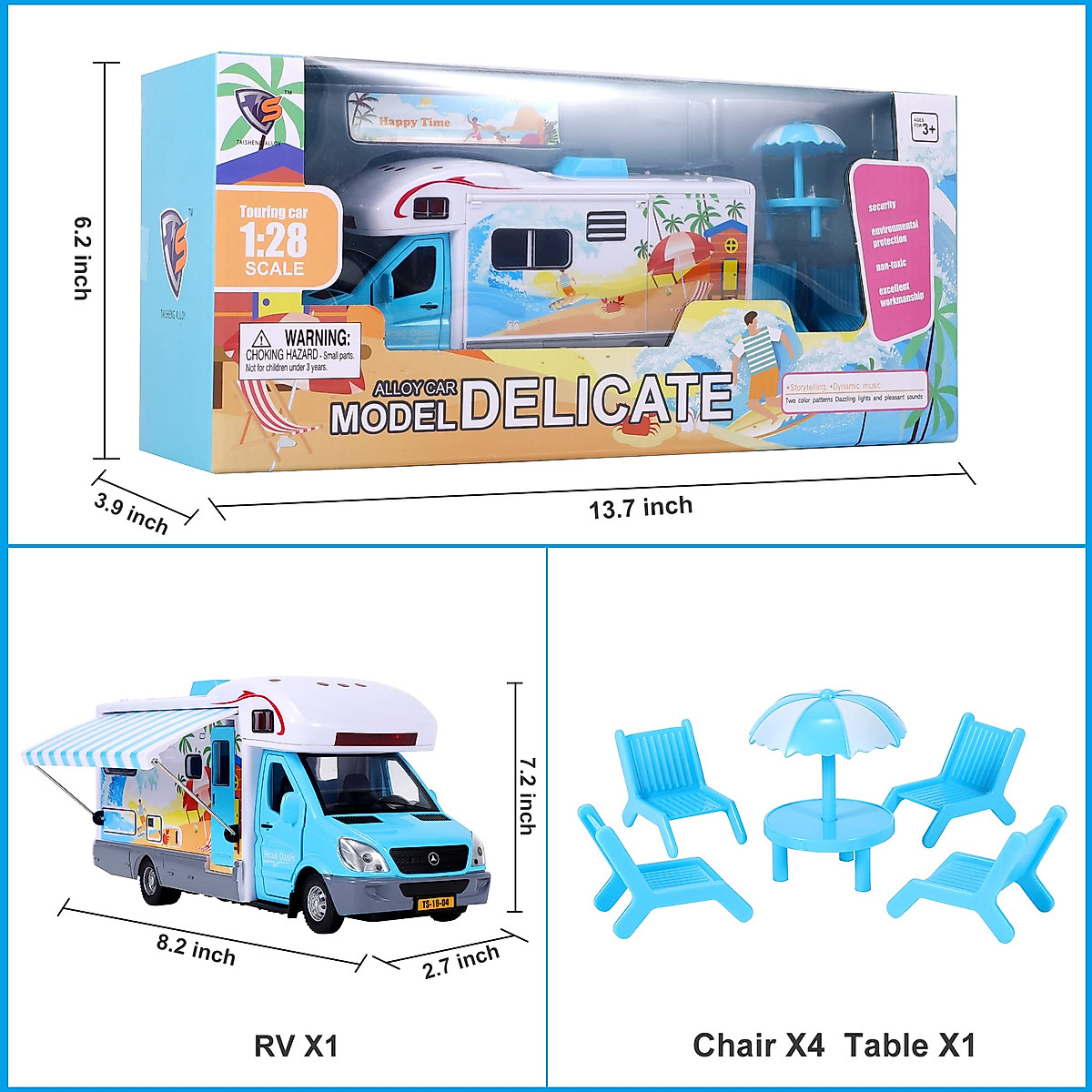 BUNICORN RV Camper Vehicle Playset Camping Toy Set Beach Recreational Vehicle Large Pull Back Car Pretending Toys Alloy Car Chair Table Toys