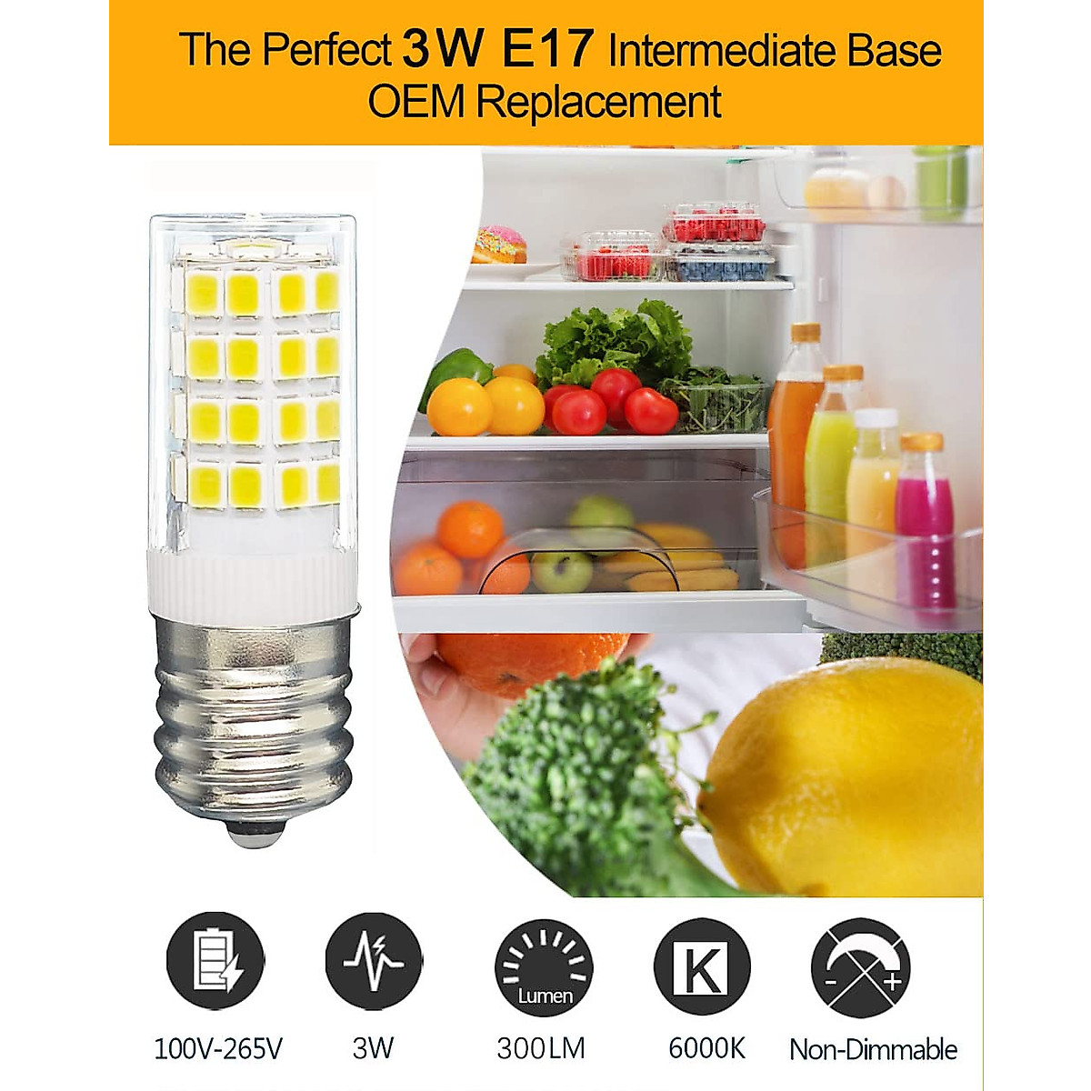 Tupolife KEI D28x kel 2816x KEI D28a KEL2811 5304522314 5304517886 LED Refrigerator Light Bulb Replacement E17 Freezer Bulb, 3W Cool White 6000K 100V-265V Fridge Lamp, 2-Pack