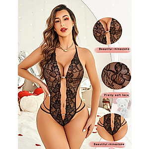 Avidlove Lingerie for Women Deep V Halter Lace Bodysuit Sexy One Piece Teddy Black X-Large