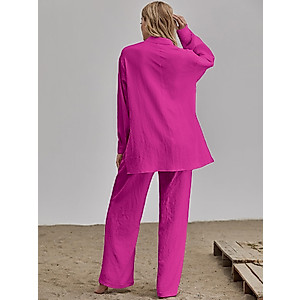 Floerns Women's 2 Piece Outfits Slit Hem Longline Blouse and Wide Leg Pants Set A Hot Pink S