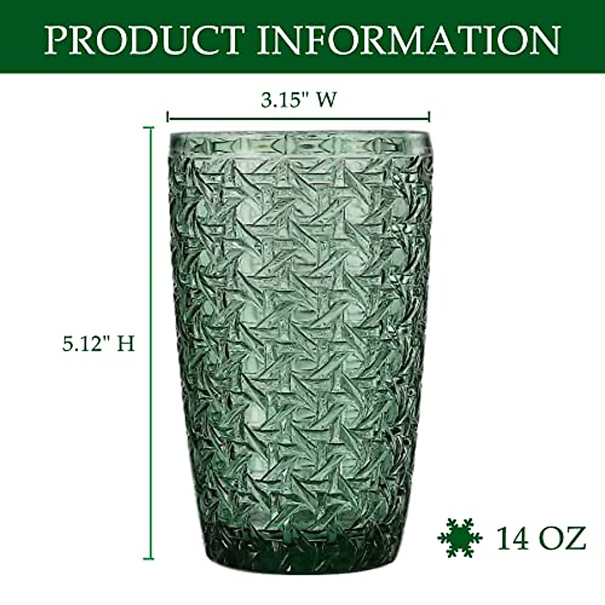 GYRUT Unique Green Drinking Glasses[Set of 4], 14oz Glass Cups for Water, Juice, and Ice Tea, Vintage Chic Glassware, Lead-free Crystal Highball Tumbler, Dishwasher Safety