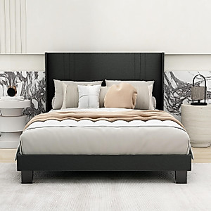 Tuconia Upholstered Platform Full Bed Frame with Headboard Wooden Slats Support Easy Assembly No Box Spring Needed Black Linen