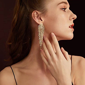 Luxury Women's Long Fringe Sparkling Crystal Drop Earrings Glossy Rhinestone Dangle Earrings Bridal Wedding Party Jewelry (Sparkling Crystal Drop Earrings-Gold)