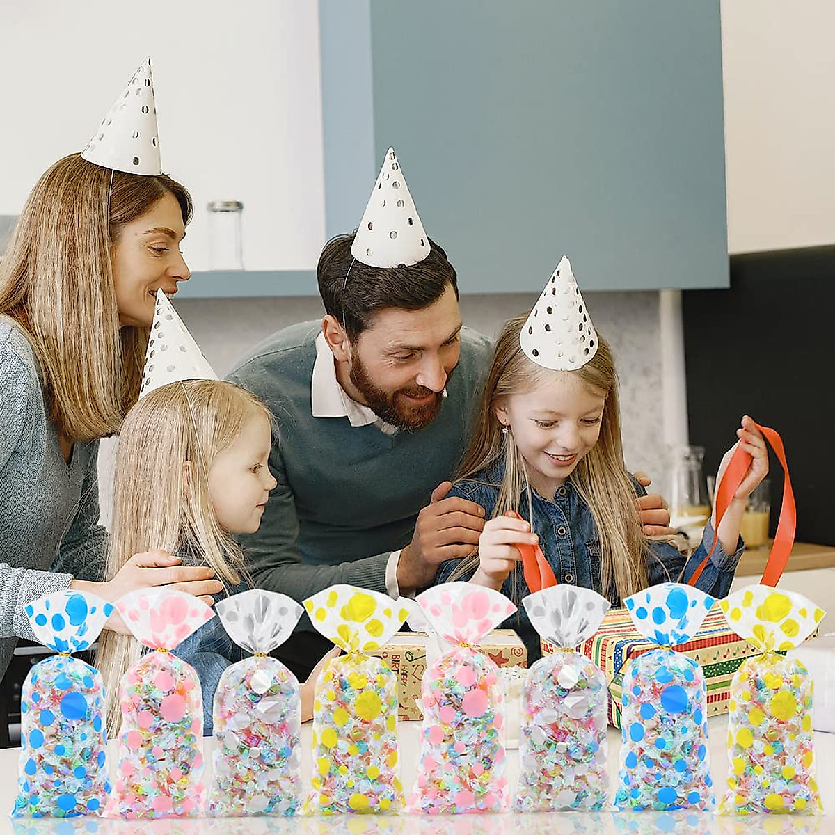 Polka Dot Cellophane Bags, 100pcs Clear Treat Bags, Plastic Christmas Cello Bags Sweets Bags with 100 Twist Ties for Goodie, Cookies, Nut, Gift Wrap, Wedding Birthday Party Favor Supplies (4 Pattern)