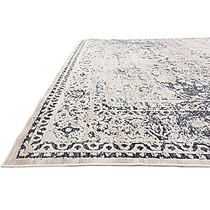 Unique Loom Chateau Collection Distressed Vintage Traditional Textured Dark Blue Area Rug (8' 0 x 10' 0), beige/navy blue