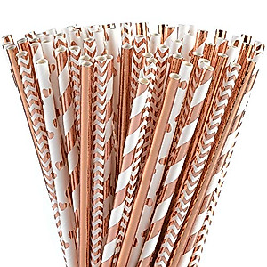 ALINK Biodegradable Rose Gold Paper Straws Bulk, Pack of 100 Metallic Foil Striped/Wave/Heart Straws for Birthday, Wedding, Bridal/Baby Shower, Christmas Decorations and Party Supplies
