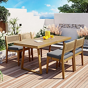 Merax Acacia Wood Outdoor Dining Set for 4,Waterproof Patio Furniture with 1 Table and 4 Chairs,and Thick Cushions for Balcony, Vourtyard, and Garden, Gray
