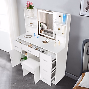 Caulitar Vanity Desk with Mirror and Lights-3 Color and Brightness Adjustable, Vanity Set with Drawers and Chair, White Makeup Vanity Table for Girls