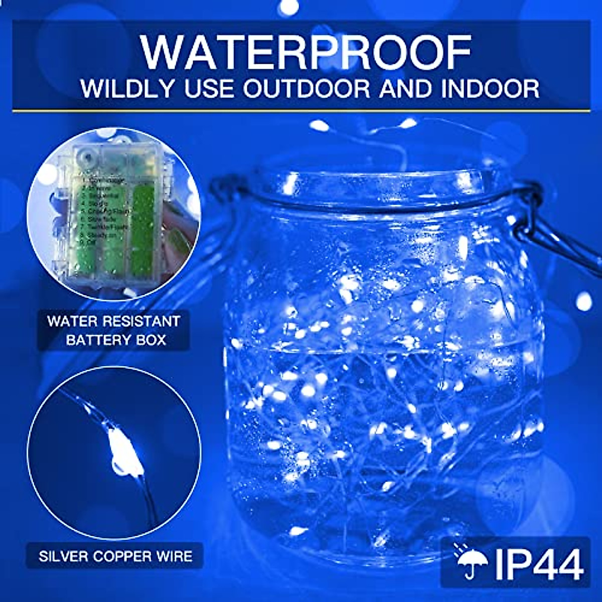 suddus 66ft 200 LED Outdoor String Lights, Blue Fairy Lights Battery Operated with Remote, Led Twinkle Lights for Bedroom, Dorm, Patio, Tapestry, Backyard, Garden, Christmas, Party, Indoor