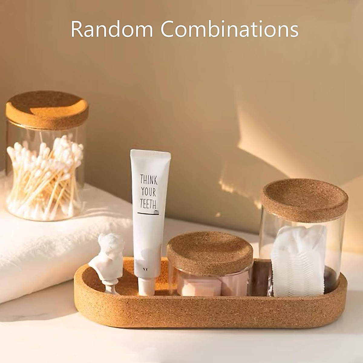 5 Pack Qtip Holder with Lids,13.5 oz Clear Bathroom Decor,Home Accessories Countertop Organizers and Storage,Glass Apothecary Jars Canisters with Tray for Cotton Swab, Ball, Pads, Floss,Hair Ties