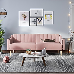 Lonkwa Velvet Futon Sofa Bed Couch, Convertible Sleeper Sofa, 74" Loveseat Futon Couch with Adjustable Backrests, Pink Couches for Living Room Bedroom Apartment