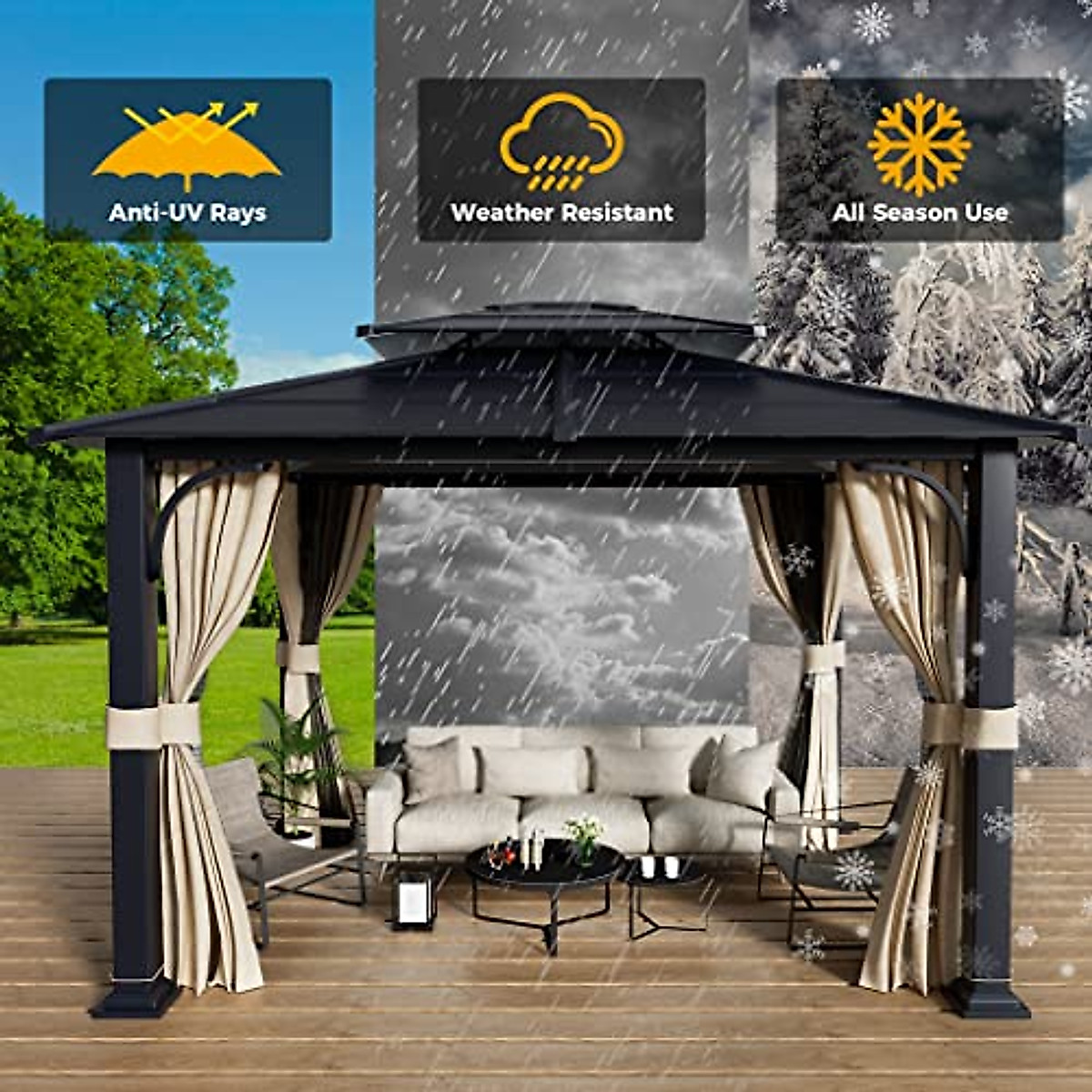 Metal Gazebo 10x12 Ft W/Double Roof, Anti-Rust Coating Permanent Iron Hardtop Outdoor Waterproof Pergola w/Curtains & Netting, Steel Hard Top Gazebo for Patio Backyard Garden Lawn Deck, w/Hook Design
