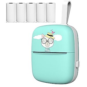 Mini Printer Portable, Pocket Thermal Printer with 5 Rolls Paper Compatible with iOS Android, Bluetooth Wireless Smart Printer for Learning Assistance, Study Notes, Work, Fun, Label List Note