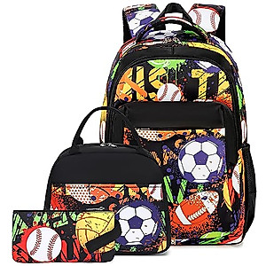 LEDAOU Backpack for Teen Girls School Bags Kids Bookbags Set School Backpack with Lunch Box and Pencil Case (Rugby Soccer)