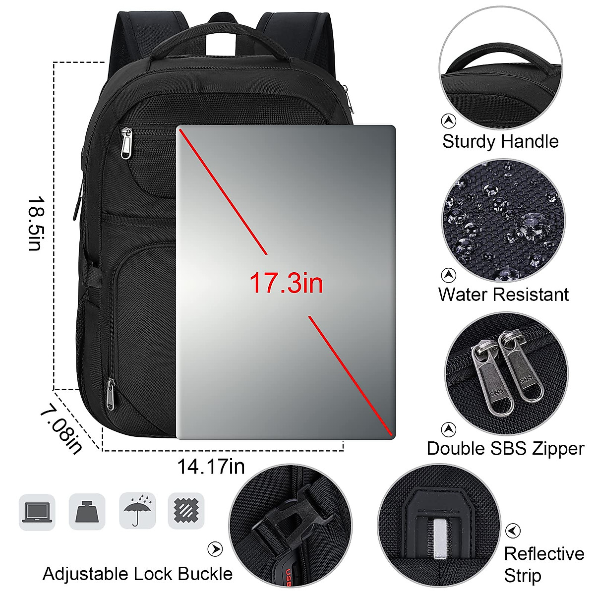 Laptop Backpack 17 Inch TSA Friendly Travel Backpack for Men & Women Large Waterproof Business College School Bookbag Gaming Computer Backpack with USB Charging Hole & RFID Blocking Pocket, Black