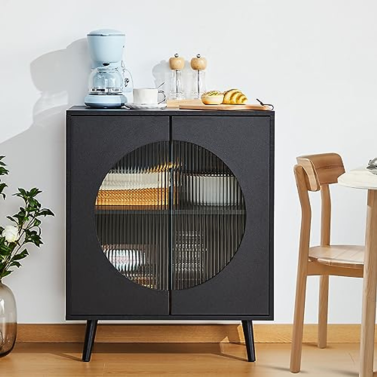 Modern Glass Sideboard Buffet Cabinet set of 2, Accent Cabinet Freestanding Kitchen Storage Cabinet Console Table with Adjustable Shelves and Pop-up Doors for Living Room, Kitchen, Hallway (Black)