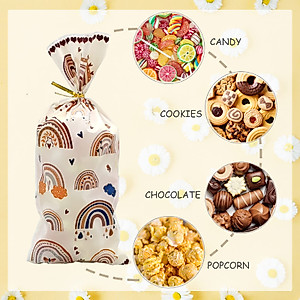 100Pcs Boho Rainbow Party Decorations Cellophane Bags Groovy Goodie Bags Treat Bags Baby Shower Candy Gift Bags Hippie Party Favors with 100 Pcs Gold Twist Ties for Birthday Wedding Themed Party