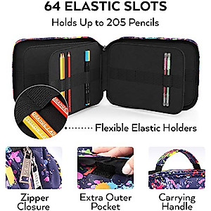 ARTEZA Pencil Case Organizer, 64 Elastic Slots, Paint Splatter Pattern, Large Capacity, Holds Up to 205 Pencils, Pens, and Markers