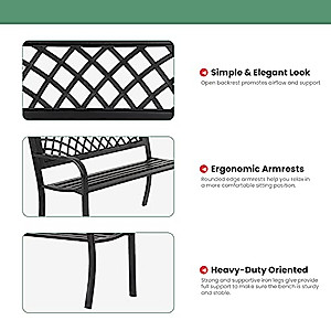 Garden Bench,Outdoor Benches,Iron Steel Frame Patio Bench with Mesh Pattern and Plastic Backrest Armrests for Lawn Yard Porch Work Entryway,Black