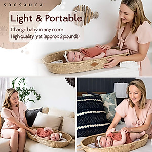 Sansaura Nursery Set - Seagrass Baby Changing Basket, Diaper Basket, with Thick Waterproof Pad & 100% Cotton Fitted Sheet, Toy Storage Bag, Woodland Designs, Shower Gift for Newborns, Boho nursery