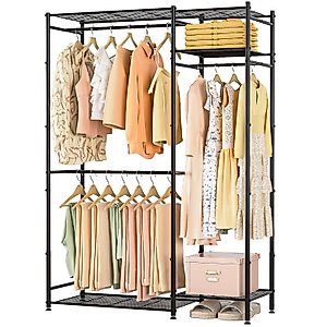 Portable Closets for Hanging Clothes, Freestanding Clothing Rack with 3 Hang Rods & 5 Shelves, Metal Wardrobe Garment Rack for Bedrooms Entrances