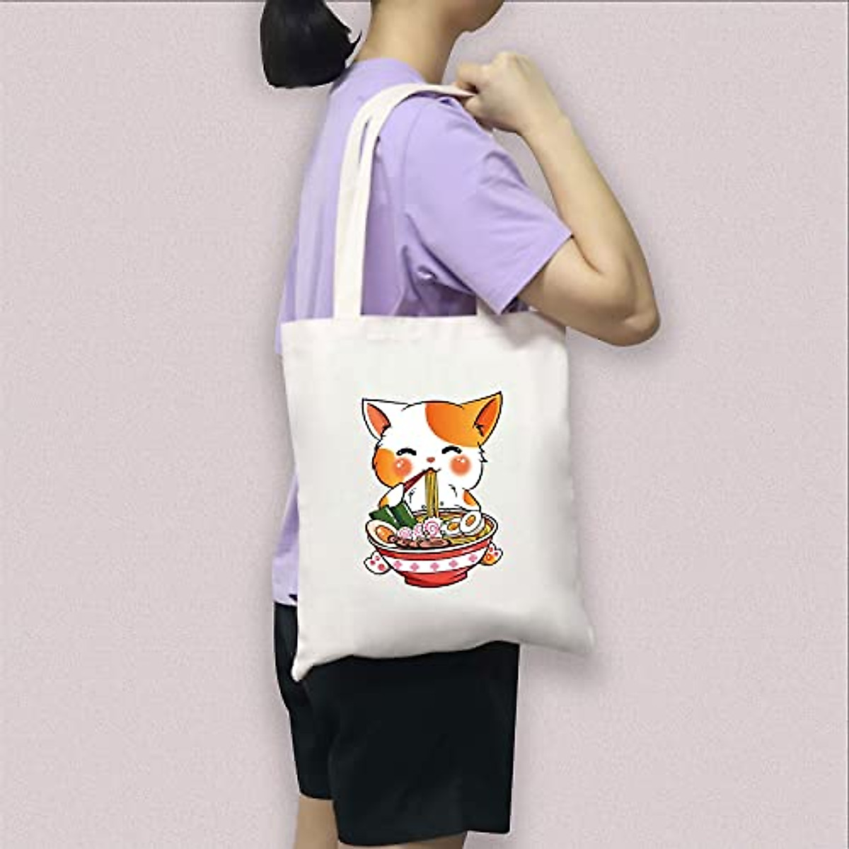 BDPWSS Cat Mom Tote Bag Ramen Cat Neko Anime Kawaii Gift Cat Lover Canvas Shoulder Bag Crazy Cat Lady Gift Ramen Fans Handbag (Cat ramen TG)