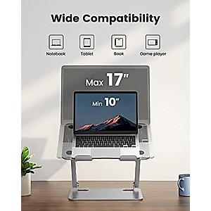 HUANUO Adjustable Laptop Stand, Aluminum Laptop Riser, Ergonomic Laptop Stand for Desk, Notebook Computer Stand Holder Compatible with 10-17” Laptops, Silver, HNLS07S