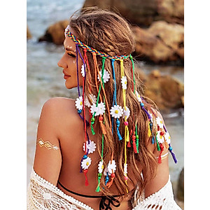 GENBREE Boho Daisy Headband Rainbow Braided Headpiece Summer Beach Tassel Hairband Floral Hippie Hair Accessories for Women and Girls (Multi-colored)
