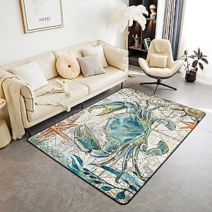 Erosebridal Sea Beach Theme Carpet 5'x7' Kids Ocean Crabs Print Area Rug 3D Crab Indoor Floor Mat,Marine Life Animal Decorative Rug,Teal Blue Accent Rug Set Bedroom Living Room Bedside Dining