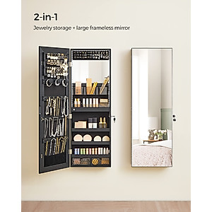 SONGMICS Jewelry Cabinet Armoire Organizer with LED Lights, Wall-Mounted Storage Cabinet with Full-Length Frameless Mirror, Built-in Makeup Mirror, 2 Drawers, Lockable, Black UJJC013B01