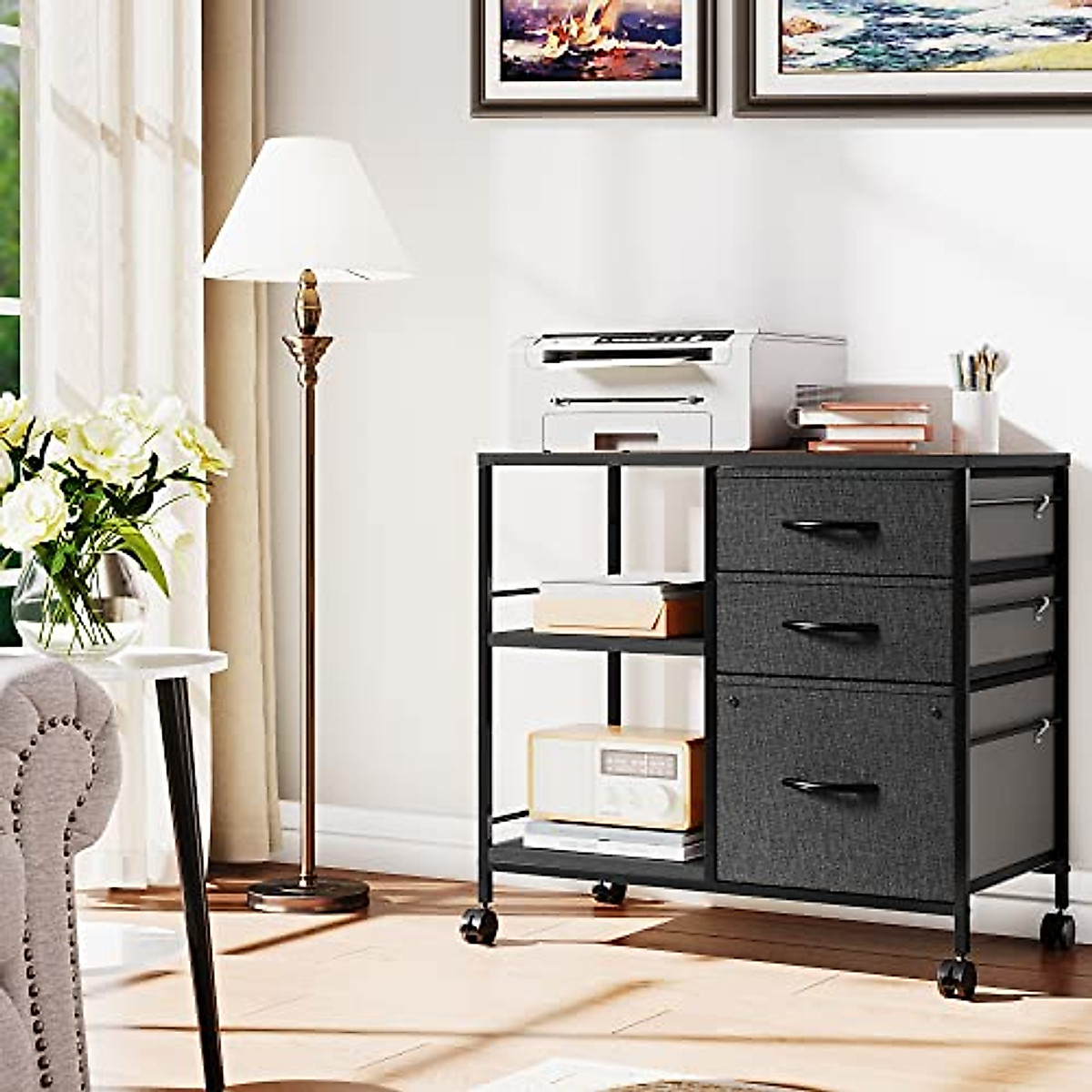 YITAHOME 3 Drawer Lateral File Cabinet, Mobile Printer Stand with Open Storage Shelf, Fabric Filing Cabinet for Home Office, Rolling File Cabinet Fits A4/Letter Size, Dark Grey