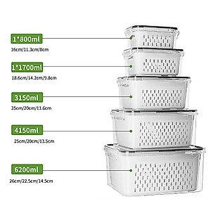 TFMODBFA 5 PCS Fruit Storage Containers for Fridge,Produce Storage Saver Containers with Removable Drain Colander&Airtight Lid, Food Grade Freezer Seal, Keeps Fruit Fresh for Long Time