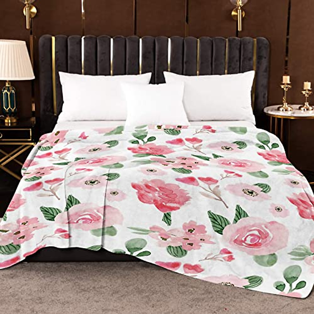 Floral Throw Blanket, Pink Rose Floral Throw Blanket, Soft Cozy Flannel Flower Blankets, Fluffy Fuzzy Rosebuds Wildflowers Print Blankets for Girls Women Gifts Home Sofa Couch Bed Decor, 50x60 Inch