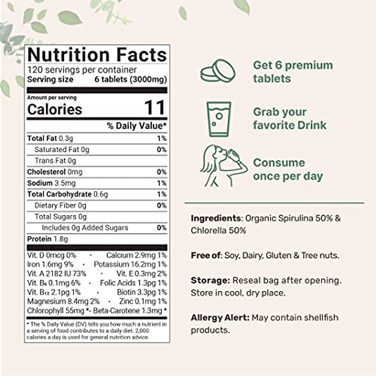 Organic Chlorella Spirulina Tablets, 3000mg Per Serving, 720 Counts, 4 Months Supply, 50/50 Blend Superfood, No Filler, No Additives, Cracked Cell Wall, Rich in Vegan Protein & Chlorophyll