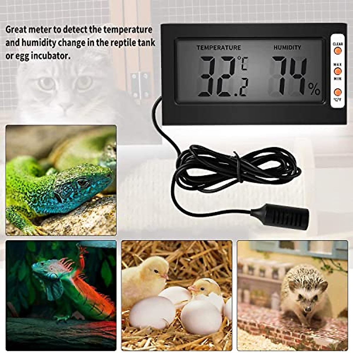 iPower 8" x 18" Reptile Heat Mat Under Tank Heater Terrarium Heating Pad for Amphibians and Reptiles Pet, Digital Thermometer and Hygrometer with Humidity Probe, Black
