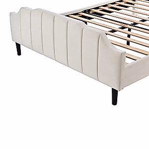 GLORHOME Queen Size Upholstered Platform, Bed Frame with Headboard and Footboard for Living Room/Bedroom, Velvet Fabric,Beige