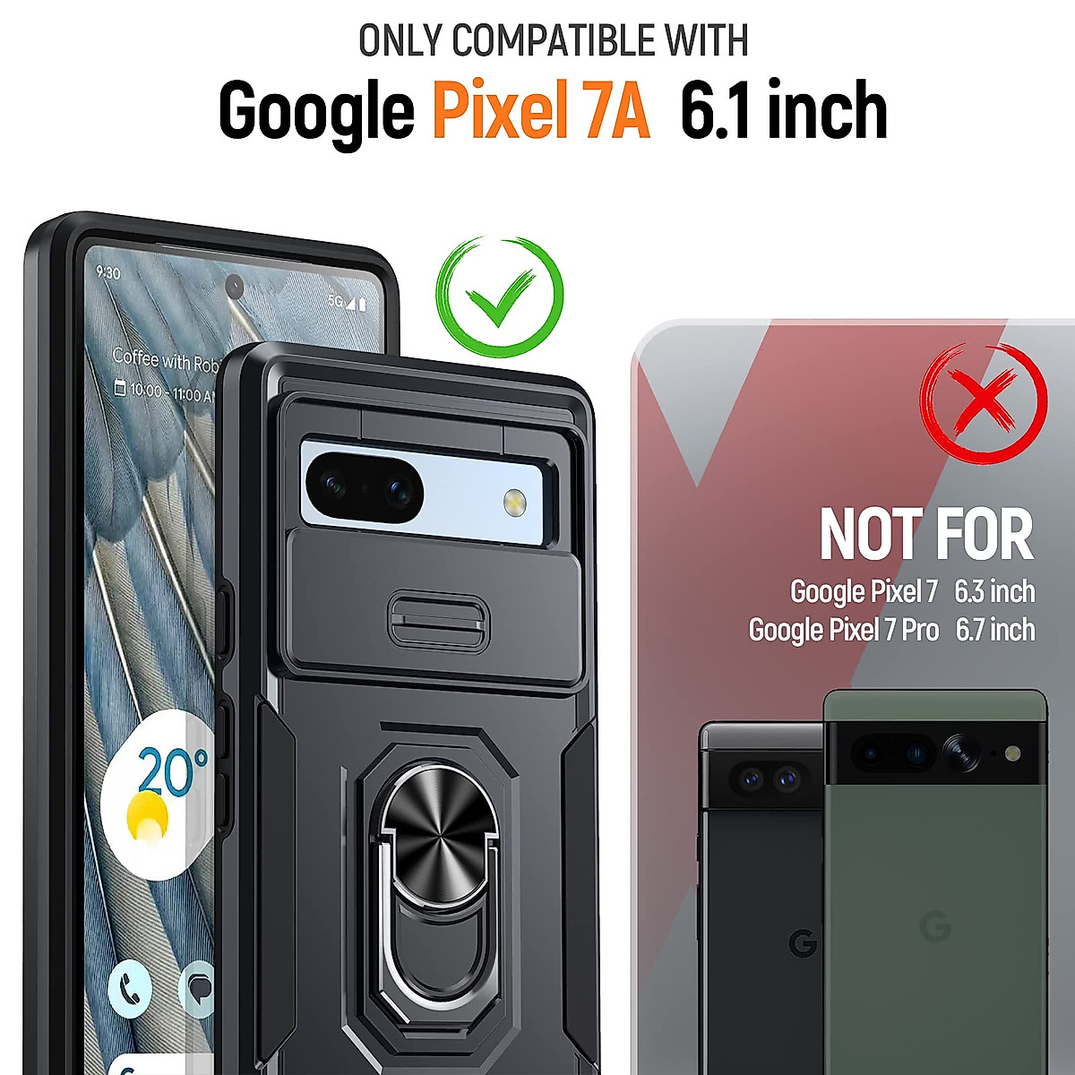 Oneagle for Google Pixel 7a Case with Screen Protector(2Pcs), Pixel 7a Phone Case with [Slide Camera Lens Cover]+[360° Rotatable Metal Kickstand] Military Grade Shockproof Case for Pixel 7A 6.1"