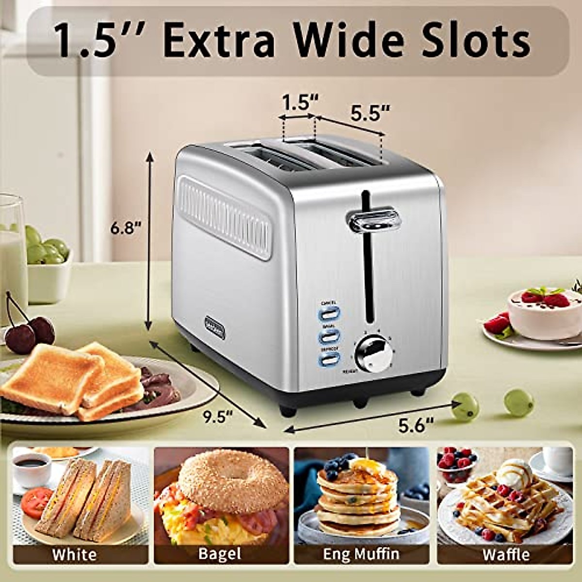 SEEDEEM Toaster 2 Slice, Stainless Steel Bread Toaster, 7 Shade Settings, 1.5'' Extra Wide Slots Toaster with Bagel, Defrost, Reheat Function, Automatic Power-off, Removable Crumb Tray, 900W, Silver Metallic