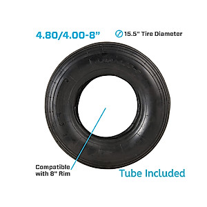 Marathon 4.80/4.00-8" Ribbed Tread Replacement Pneumatic (Air-Filled) Tire and Inner Tube Set, Fits 8-Inch Wheel/Rim, Wheelbarrow/Garden Cart/Lawn & Garden Use, Straight Valve Stem