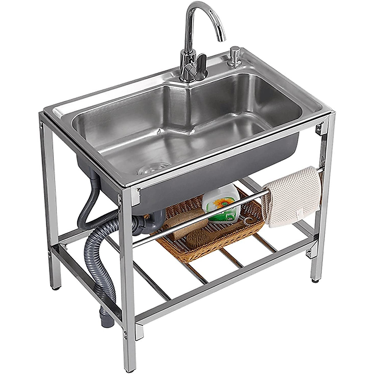Stainless Steel Single Bowl Utility Sink with Stand Free Standing Commercial Restaurant Kitchen Sink Set with Drain Basket & Hot and Cold Faucet for Laundry Backyard Garage Outdoor(28x18.5x29.5in)