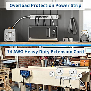 Extension Cord 25 ft, Power Strip Long Cord, NTONPOWER Heavy Duty Surge Protector Power Strip, 6 Outlet 2 USB,1875W / 15A Circuit Breaker, 1080 Joules, Wall Mount for Office Garage Kitchen Workbench