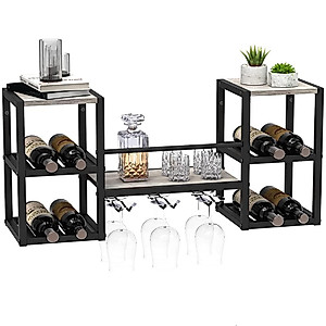 GiftGo Industrial Brown Wall Mounted Wine Rack with 3 Steam Glass Holder Partial Wood Shelf Black Metal Bottle Holder Multi Functional Wine Storage Display Rack for Home Bar Dining Room Kitchen