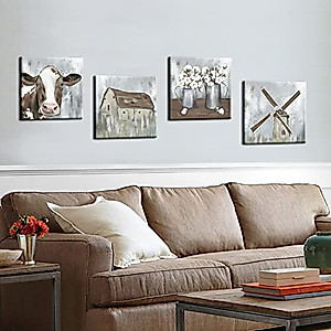 OuElegent 4 Piece Farmhouse Canvas Wall Art Rustic Cow Dutch Windmill Cotton Flower Picture Artwork Modern Countryside Printed Painting for Living Room Kitchen Decor Framed Ready to Hang 12x12 Inch