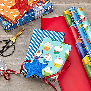 Hallmark All Occasion Reversible Wrapping Paper (3 Rolls: 75 sq. ft. ttl) Colorful Balloons, Stars on Orange, Cupcakes, Blue Stripes, Solid Red for Kids Birthdays, Graduations, Celebrations