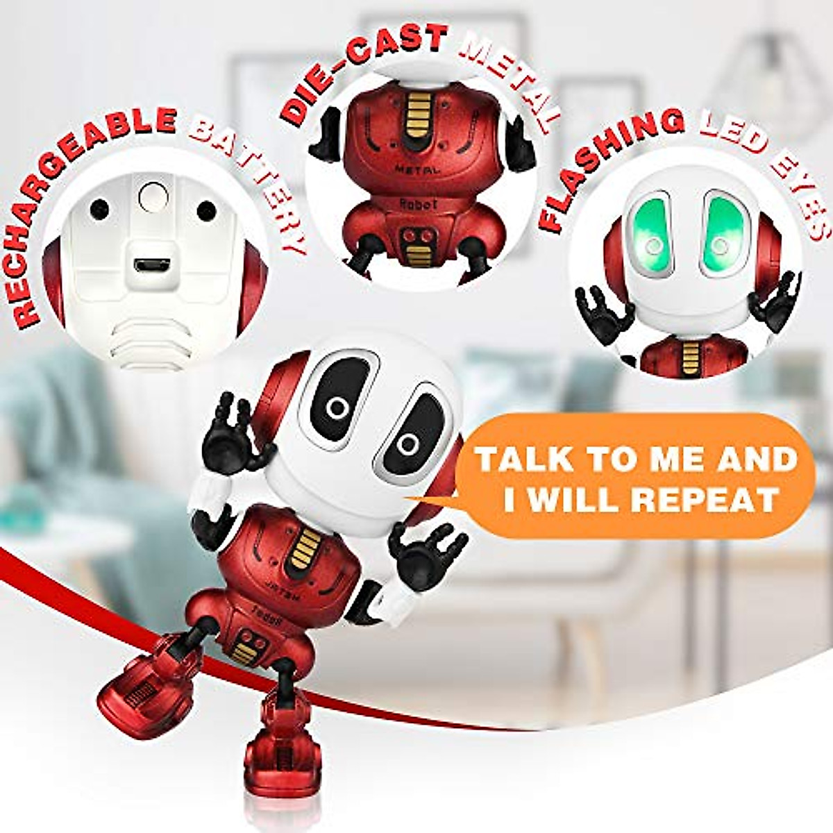 Betheaces Robots for Kids Rechargeable Talking Robot Interactive Toy Repeats Your Voice Travel Toys with Portable Metal Body and Flashing Lights Robot Gifts for Boys and Girls (Fire Red)