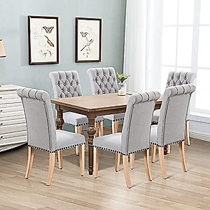 FOREDO Classic Collection Linen Dining Chairs Set of 2, Solid Wood Legs Copper Nails Chair, Light Grey