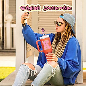 Mity rain 10pcs Set Designed for Stanley Cup Accessories - Including Straw Cover Cap, Letter Charm, Letter Stickers, Tumbler Spill Proof Stoppers for Stanley 40oz/ 30oz Pink Decorations (K)