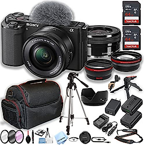 Sony ZV-E10 Mirrorless Camera with 16-50mm Lens 2pcs 64GB Memory + Case+ Tripod + Steady Grip Pod + Filters + Macro + 2X Lens + 2X Batteries + More (34pc Bundle) (Renewed)