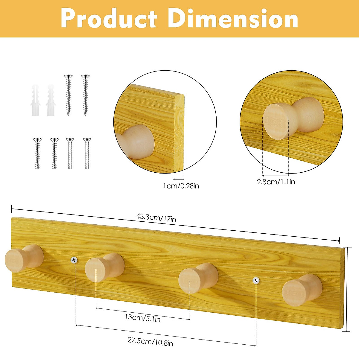 KZTUPJ Wooden Coat Hooks with 4 Hooks, Natural Wood Coat Rack Wall Mount, Decorative Coat Rack, Entryway Wall Hooks for Hanging Coats