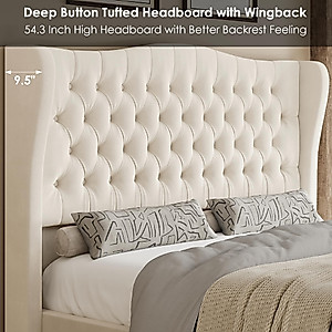 Keyluv Queen Size 54.3” Tall Platform Bed Frame with Deep Button Tufted Wingback Headboard and Footboard, Velvet Upholstered Bed Frame with Handmade Pleats, No Box Spring Needed, Beige/Cream
